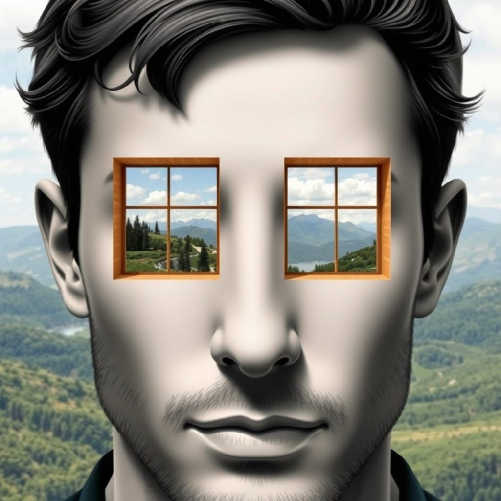 Windows built into the Face of a man, The window panes show a view of a ...