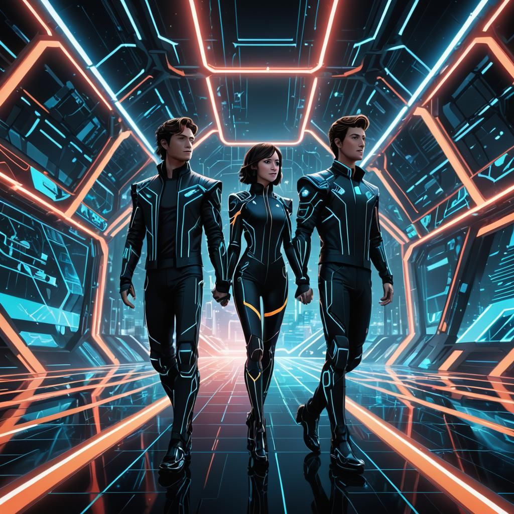 Yuri and Flynn from Tron, holding hands in a digital arena with light ...