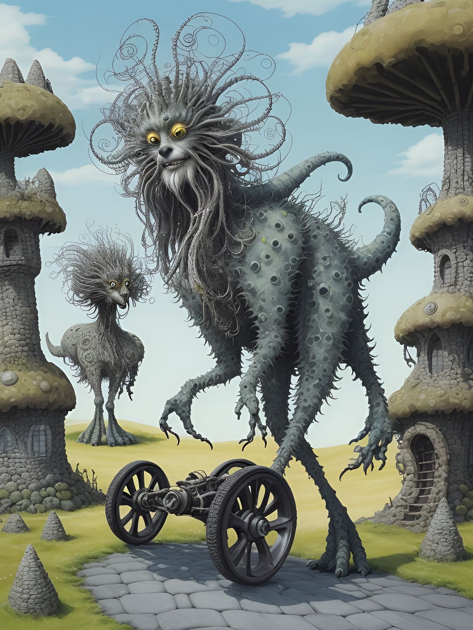 Very tall impossibly weird creatures wandering with spoked wheels for ...