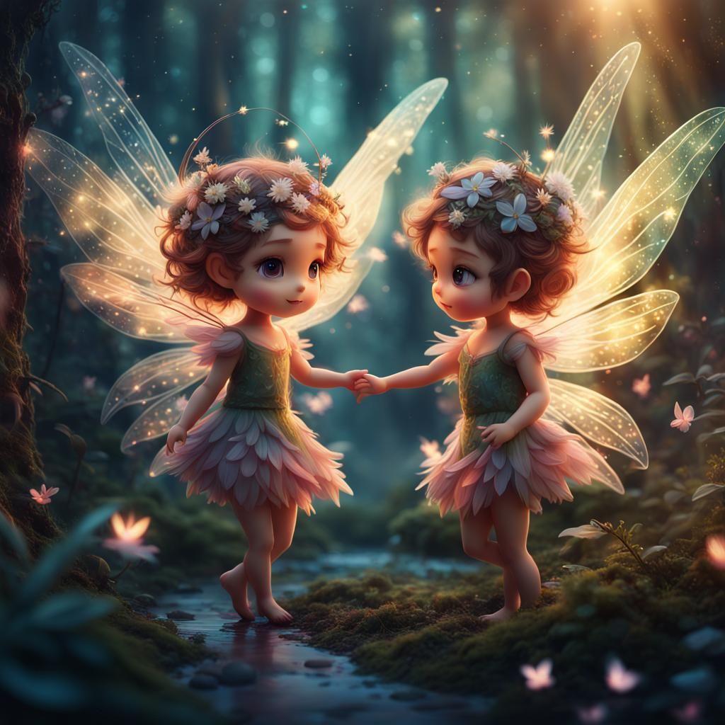 Highlight the playful antics of a pair of chibi fairies dancing in a ...