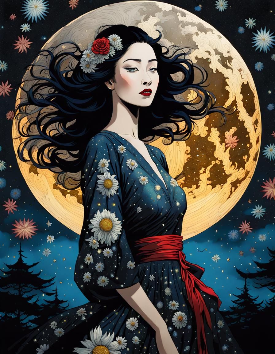 a beautiful woman standing in front of a full moon, centered. by Yuko ...
