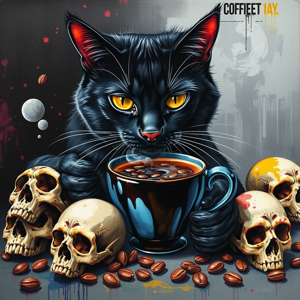 Vibrant Street Art of a Feline Coffee Connoisseur - AI Art
