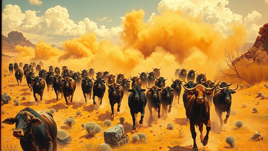 Cattle stampede, dusty, Old West. - Dramatic Old West Cattle...