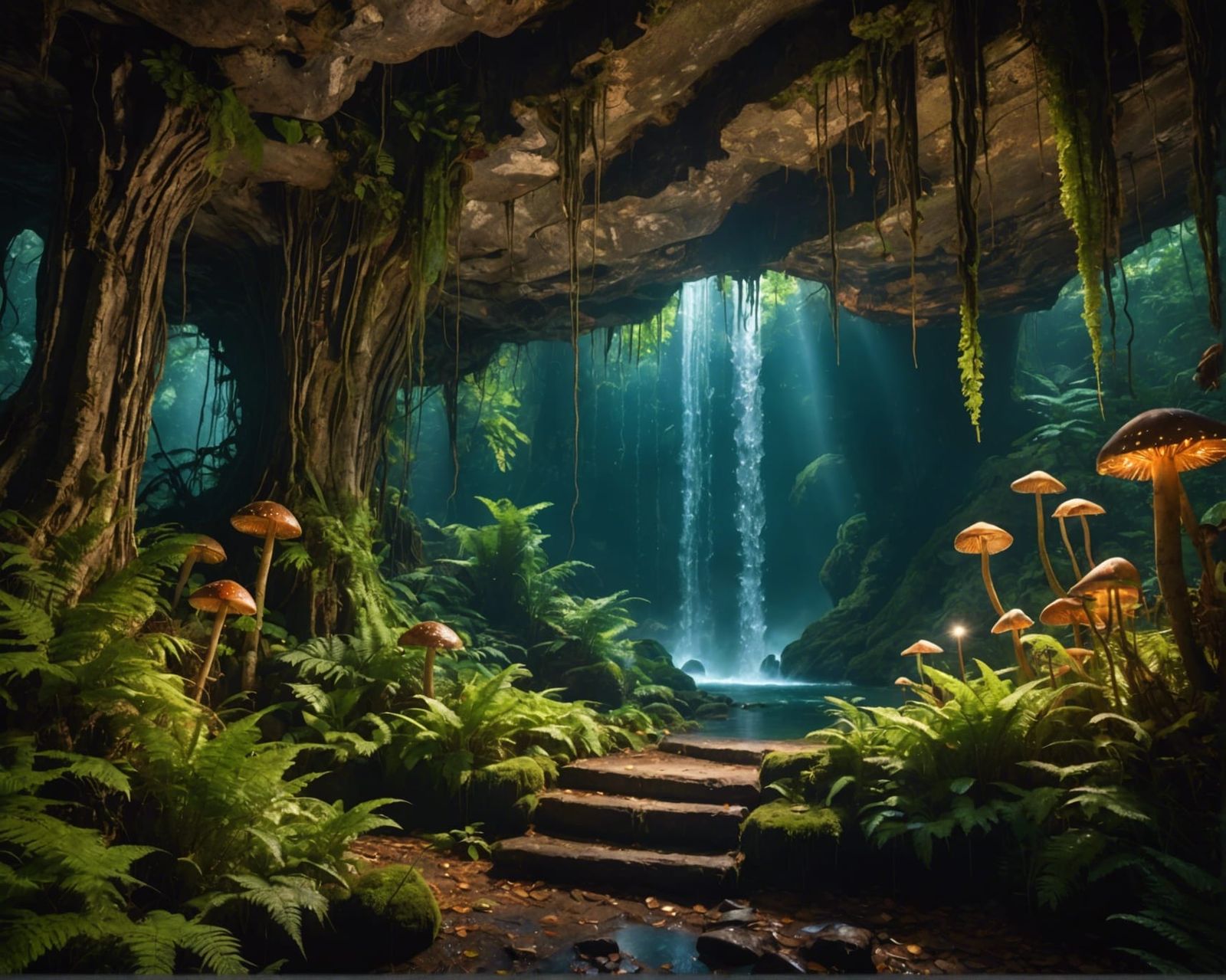 Photo of a maximalist beautiful forest cave entrance, behind a ...