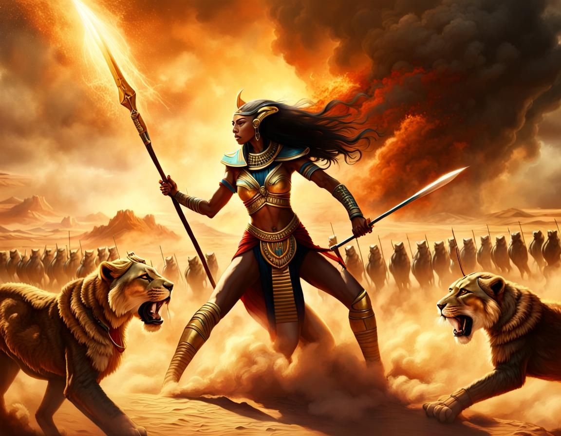 Sekhmet, in battle 2 - AI Generated Artwork - NightCafe Creator