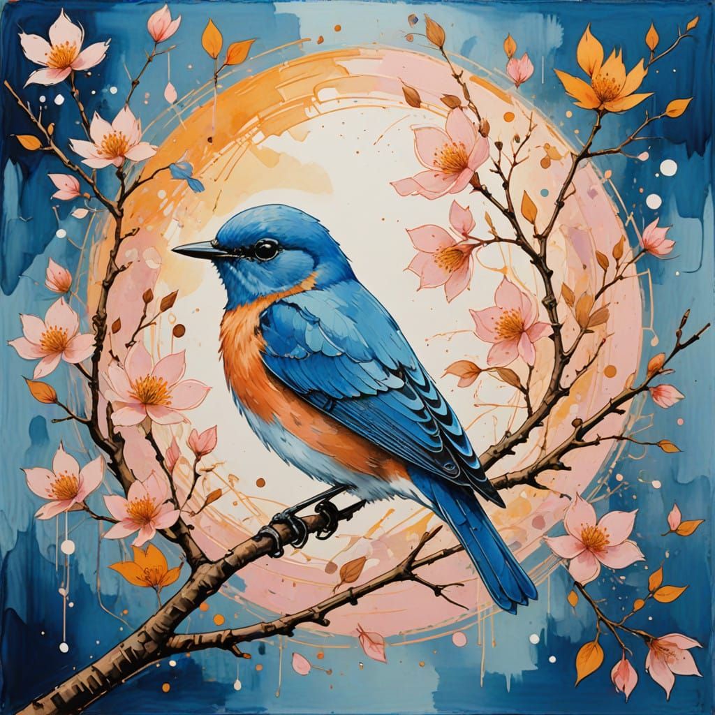 A Bluebird in the Sakura Tree at Sunset
