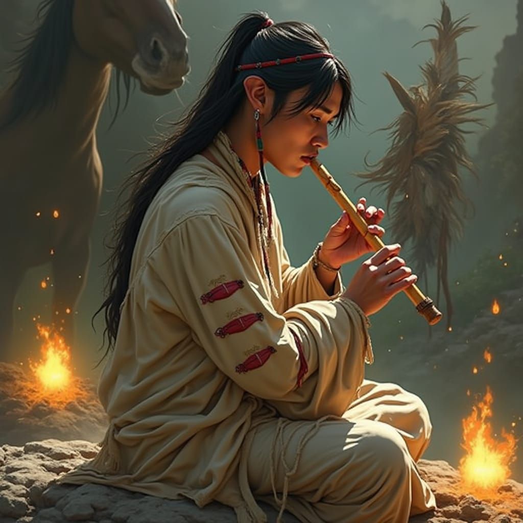 Native American Flute Player in Traditional Attire... - AI Art