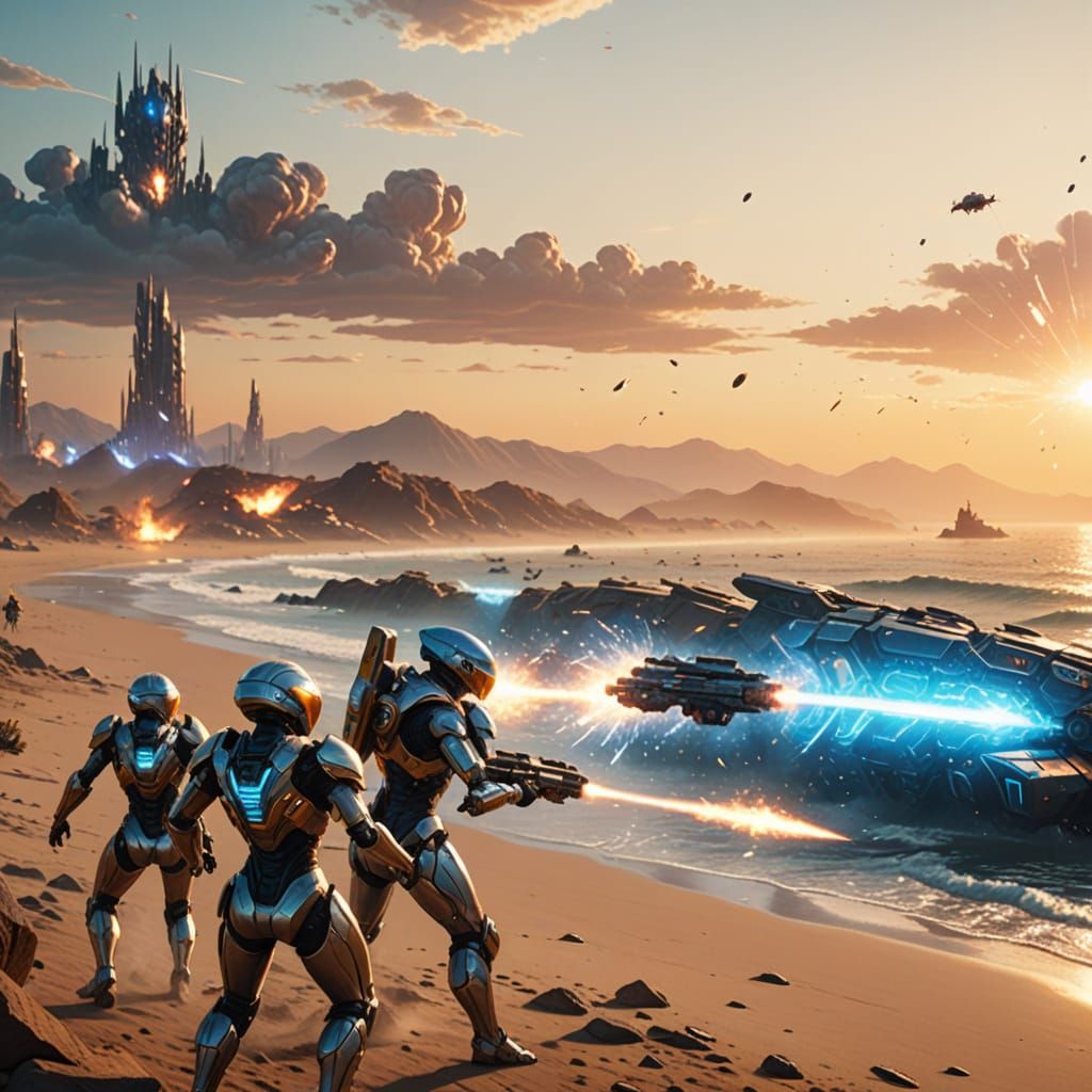 Cyborg Warriors Repel Alien Invasion in Epic Sci-F... - AI Art