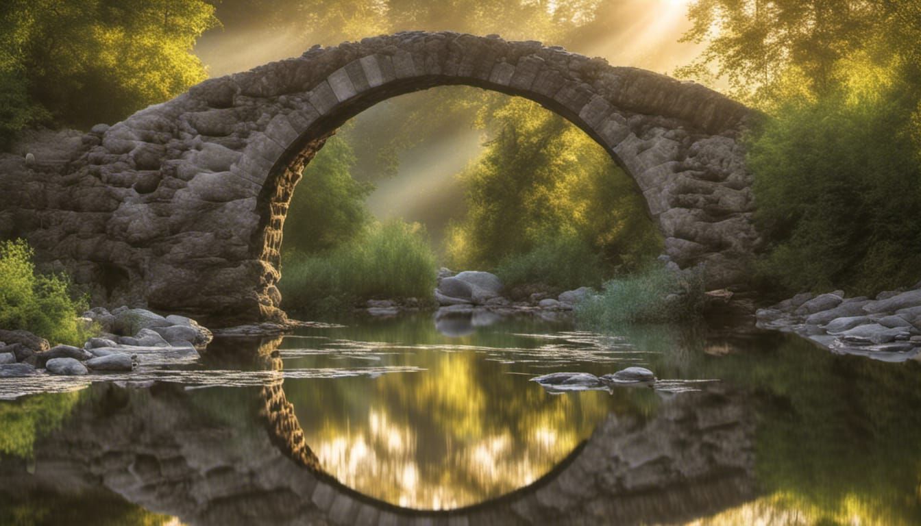 Morning-lit misted magical arch of an old stone half-circle bridge ...
