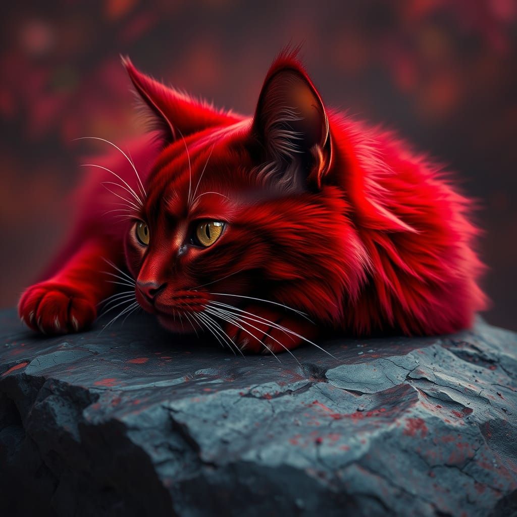 Vibrant Cardinal Red Cat Amidst Obsidian - AI Art