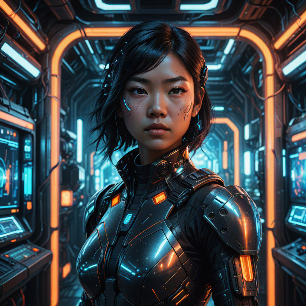 Cyborg Woman in Futuristic Lab with Deep Space Bac... - AI Art