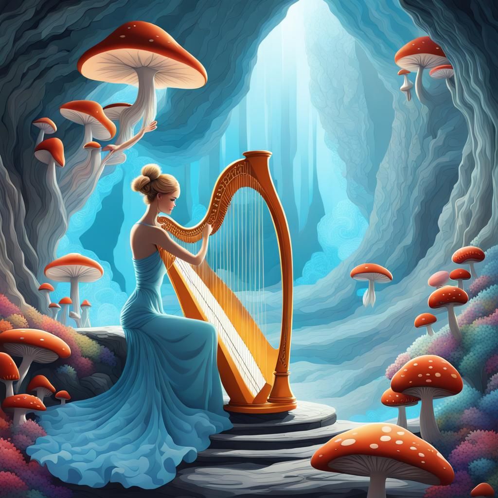 "Cinematic fantasy landscape a in a cave full of colorful mushrooms ,a ...