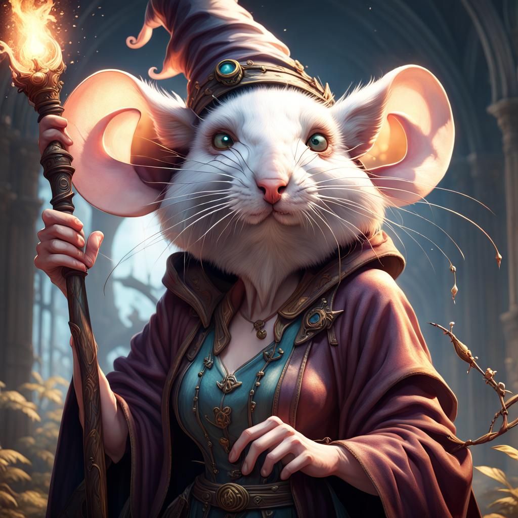 Mouse Witch and staff in hand, detailed matte painting, deep color ...