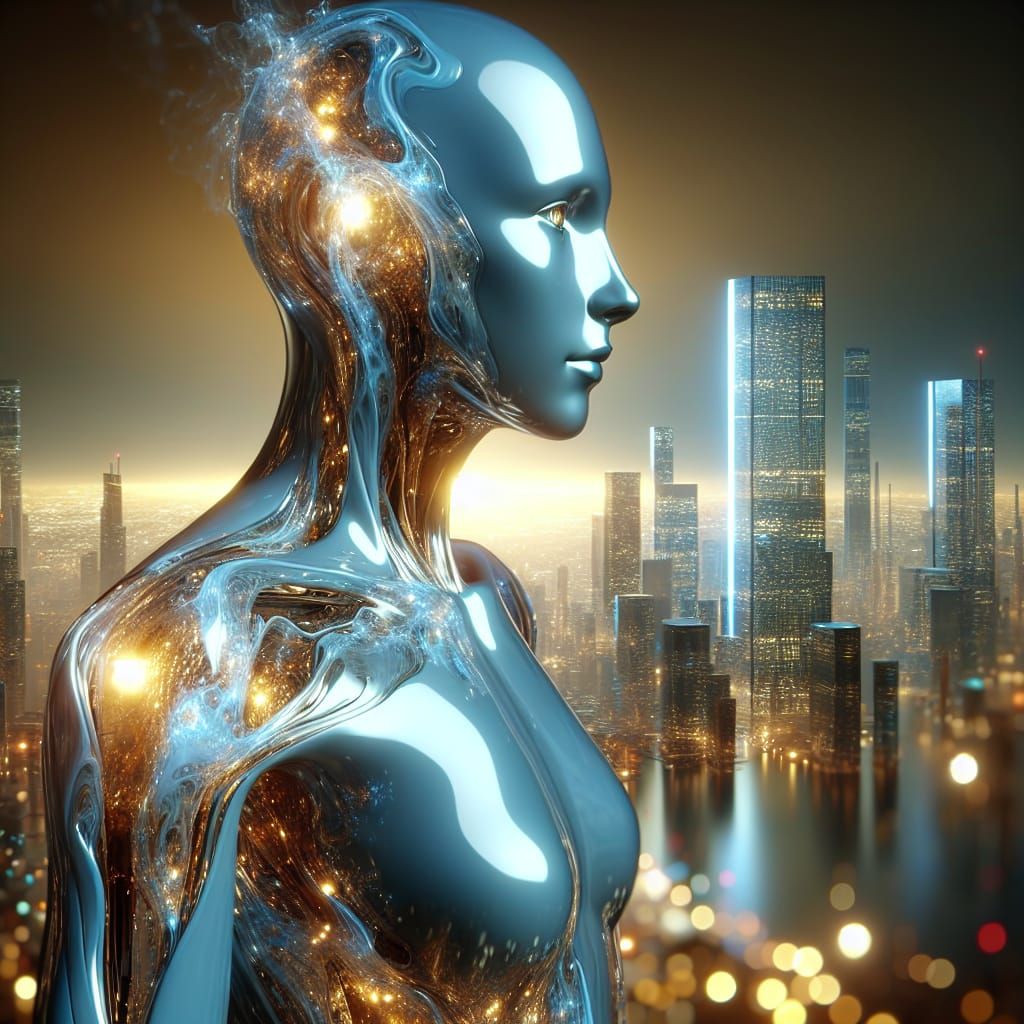 Ethereal Liquid Robot in Futuristic Cityscape - AI Art