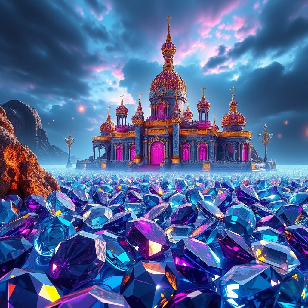 Regal Gemstone Castle on a Radiant Beach of Gems i... - AI Art