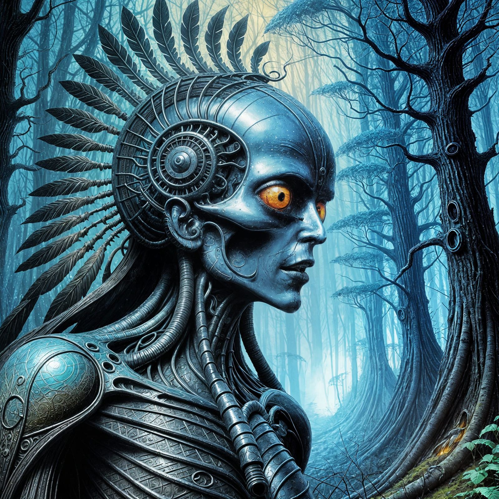 Enamel art. Close up. A biomechanical songbird sings a haunting melody ...