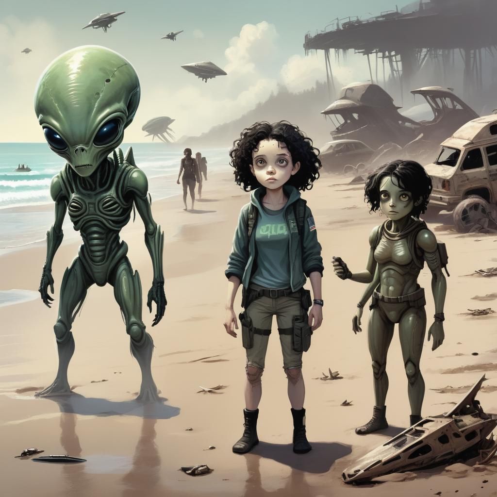aliens on beach post-apocalyptic poster art Rebecca Sugar - AI ...