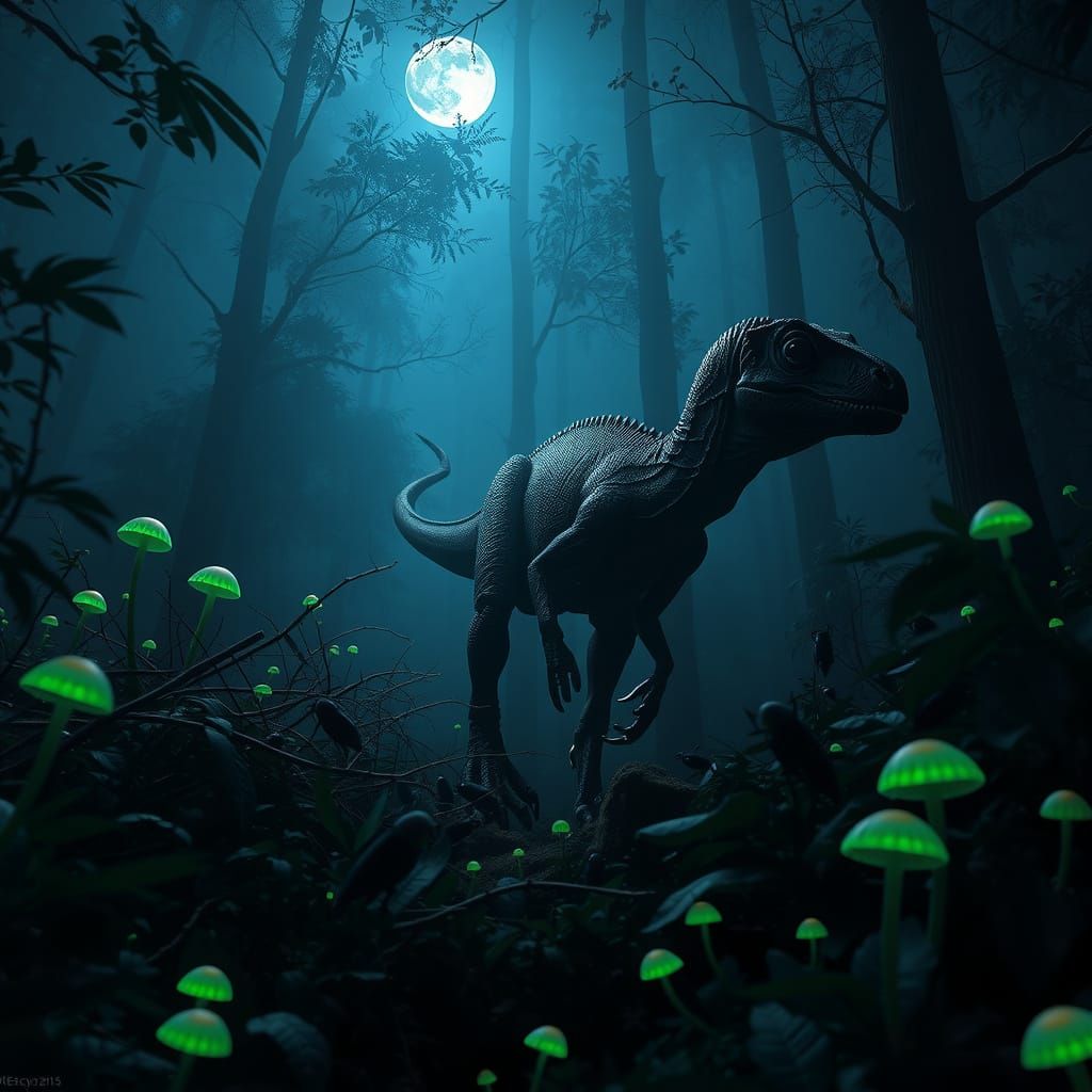 Dark Fantasy Raptor Hunts Under Black Forest Canop... - AI Art