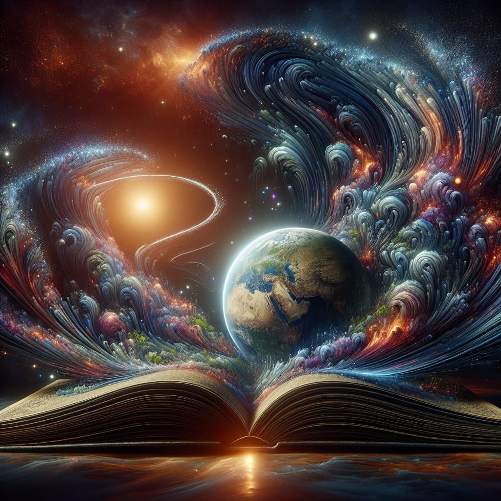Fantastical Universe Emerges from Open Book, Earth... - AI Art