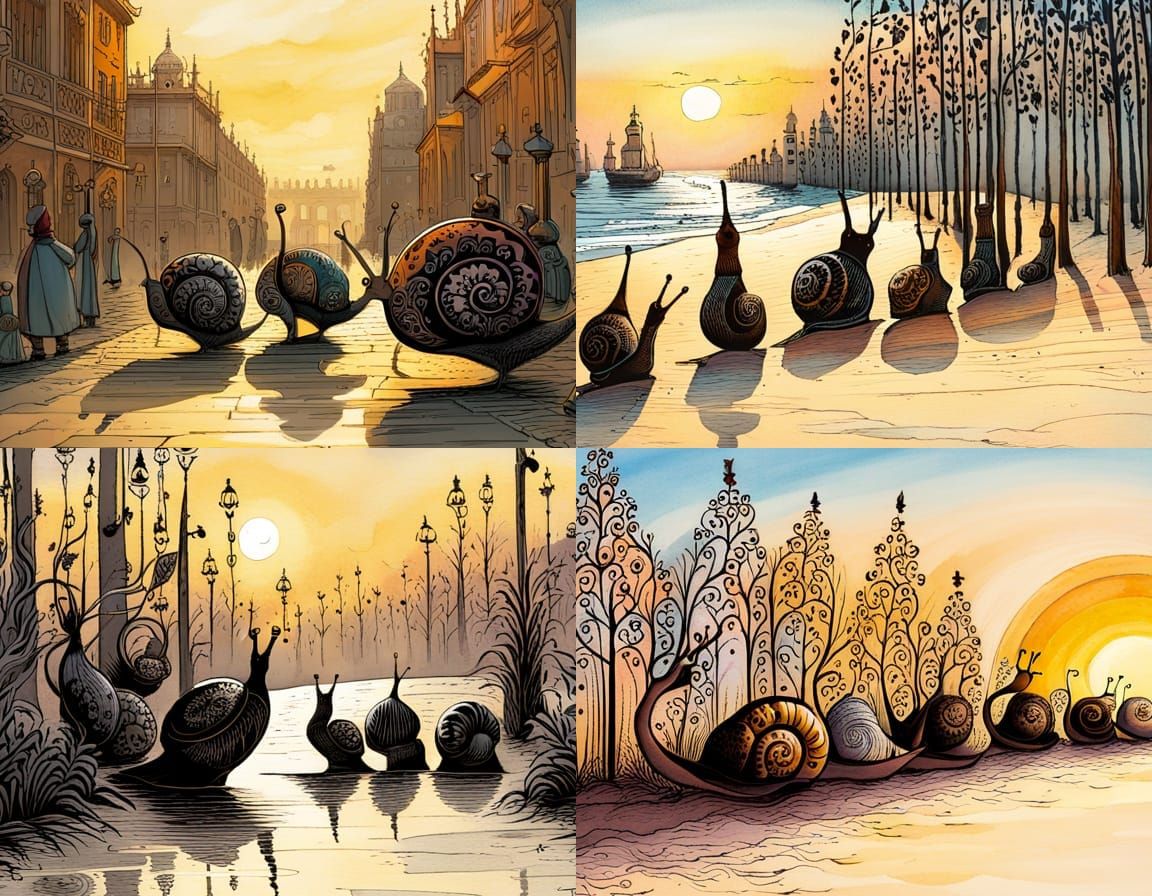 Warm silhouette of snails in a procession through long shadows ...