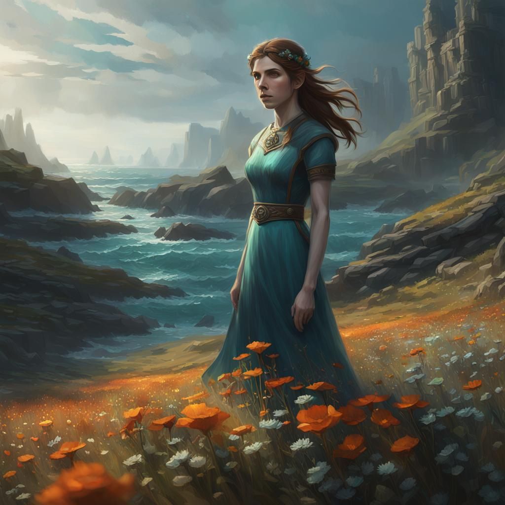 Anna Kendrick, one lone wildflower in a windswept moor, sea cliffs ...
