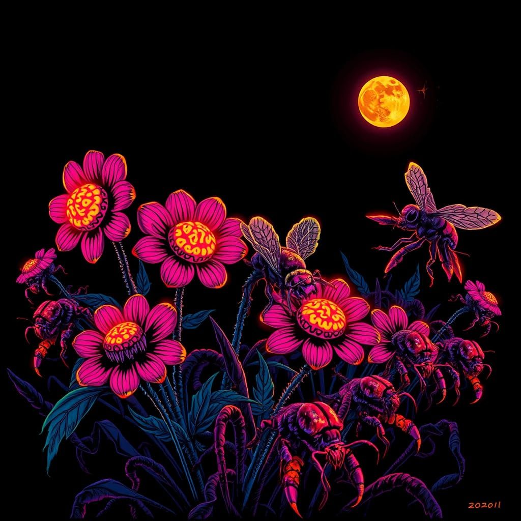 Dark Bees - Undead Bees Swarm Neon Flowers in Dark, Eerie La...