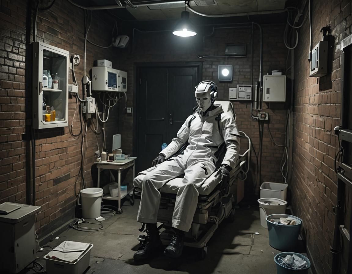 A cyberpunk human cyborg, on a hospital bed, A clandestine figure in a ...