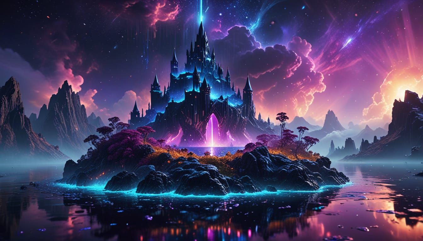 island from neptune - Cyberpunk Nebula with Shining Castle