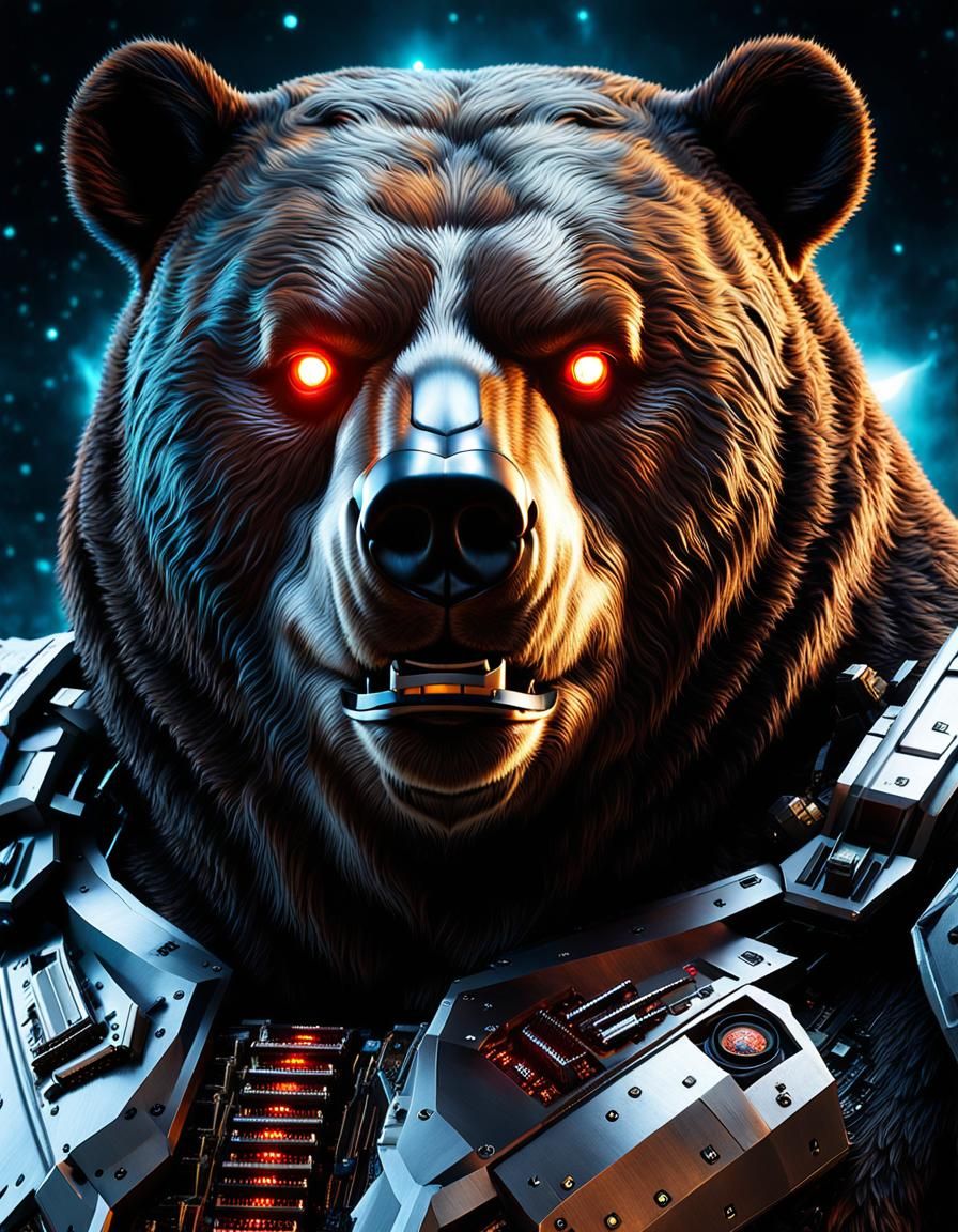 Photograph Portrait: Giant Computerized Cyborg Obese Bear, with glowing ...