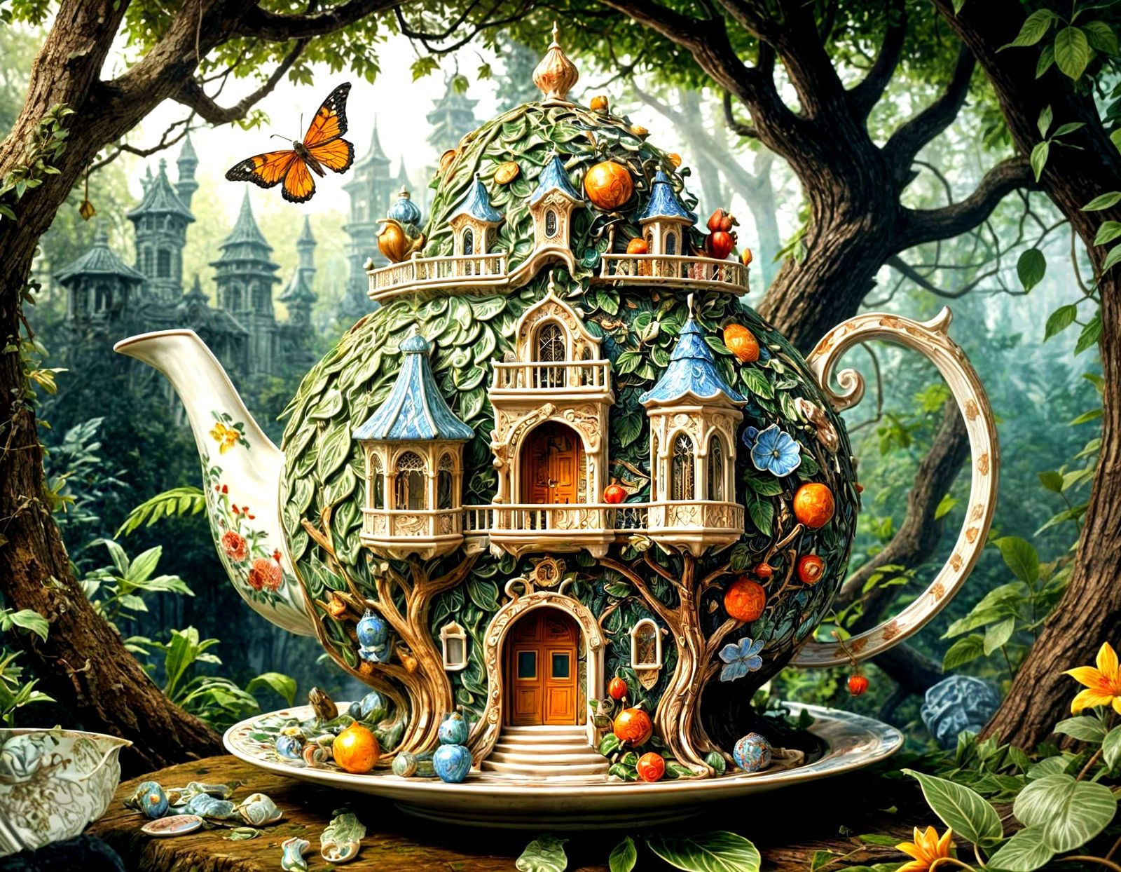 Porcelain Teapot Treehouse: Hyperdetailed Watercol... - AI Art