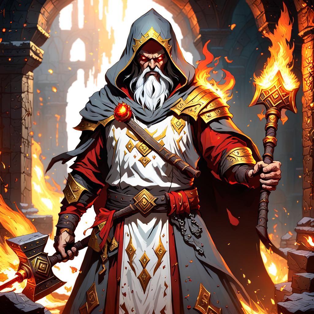 Powerful Wizard King, master of healing and fire. Flaming Battle Hammer ...