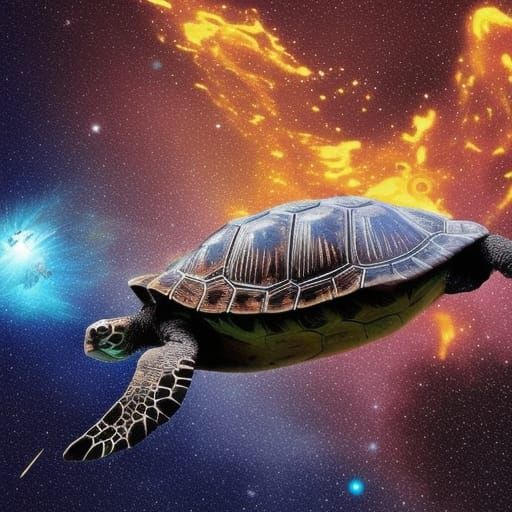 A turtle swimming in space with stars exploding around it - AI ...