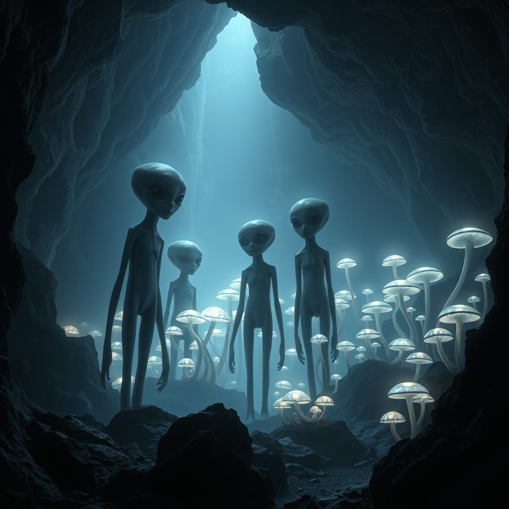 Ethereal Beings in Shadowy Underground Realm - AI Art