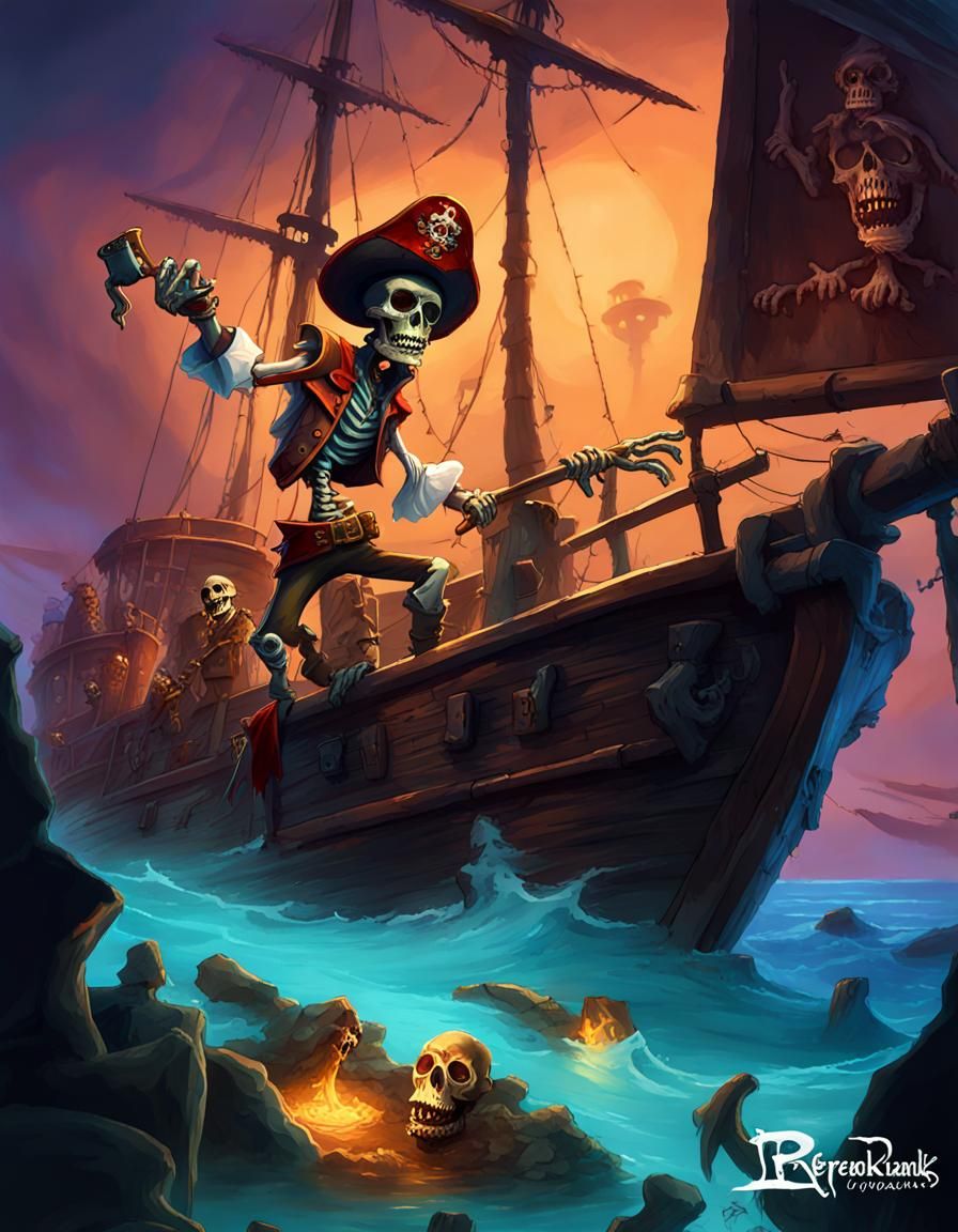 Monkey Island pirate vessel. Cursed skeleton crew. - AI Generated ...