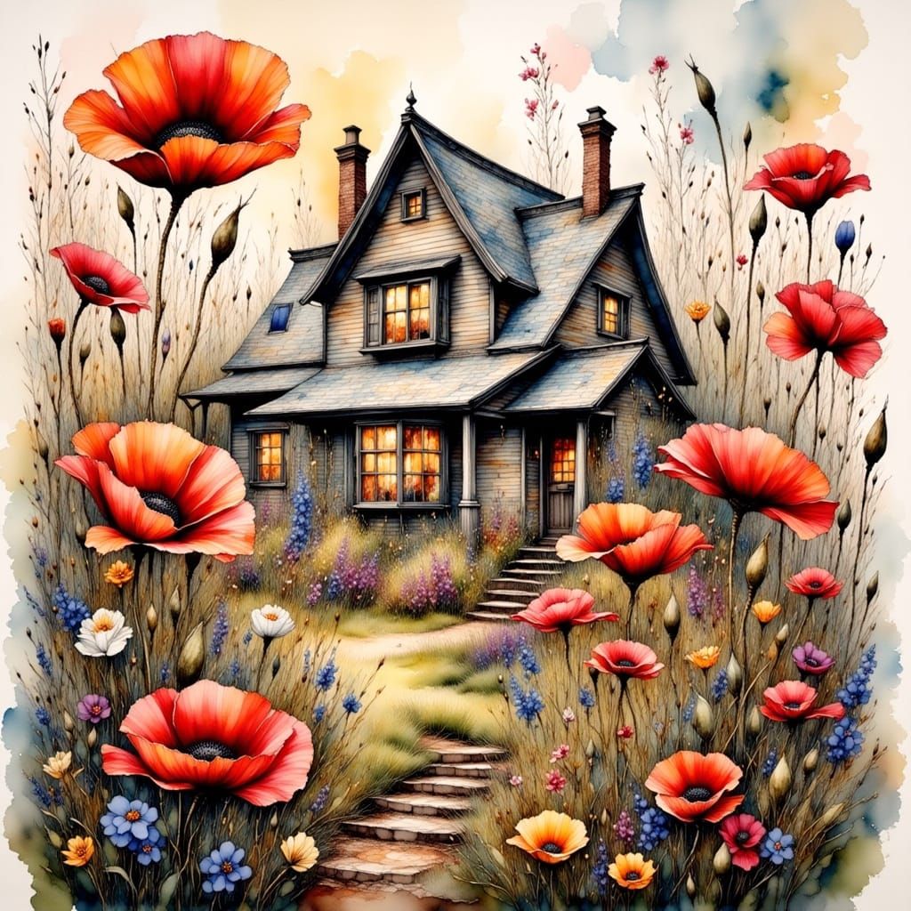 Poppy House - Whimsical Watercolor Poppy House Masterpiece