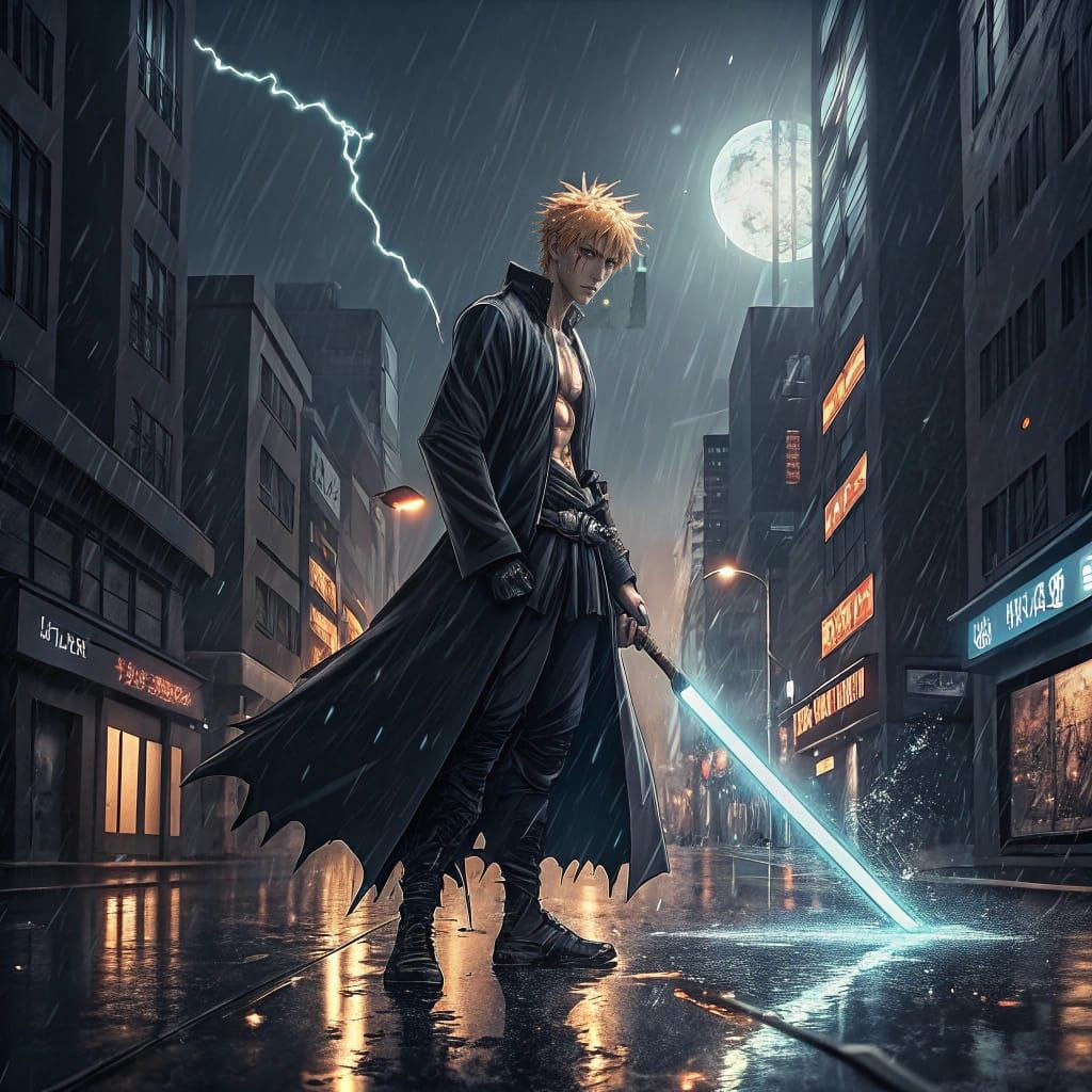Bleach Ichigo Kurosaki after a battle in the city. Pale moonlight ...
