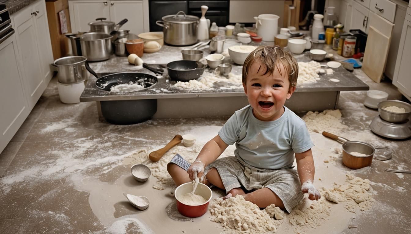 A small child has made a huge mess in the kitchen. Flour is scattered ...