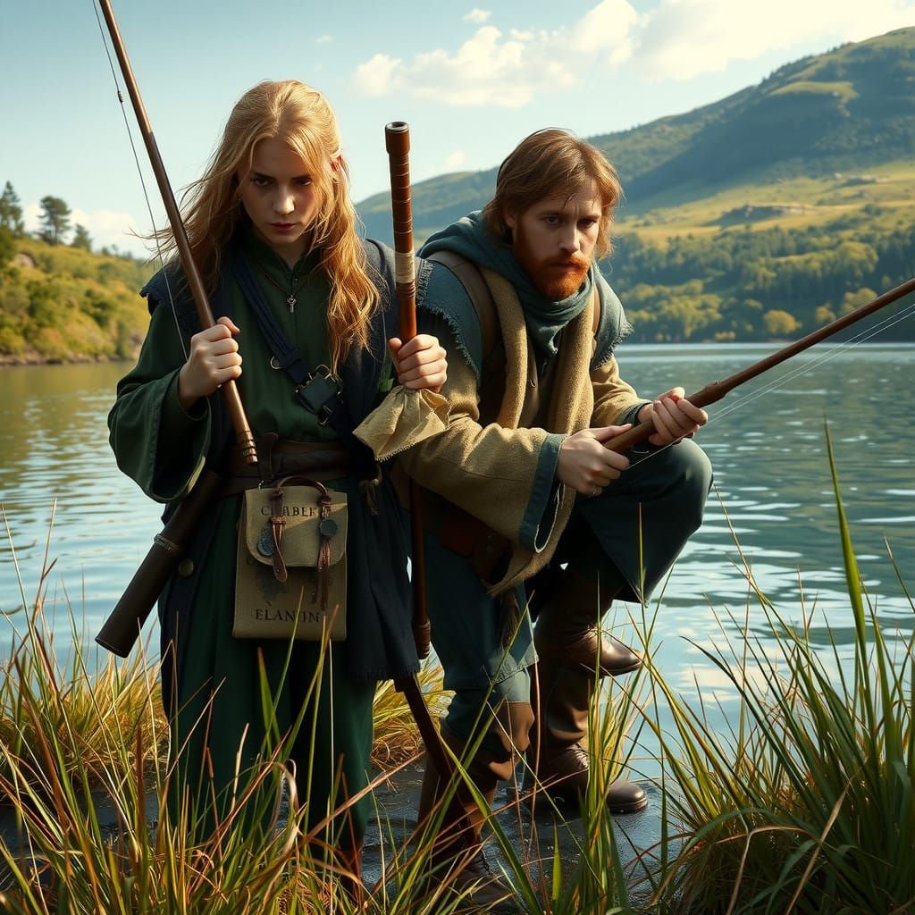 Younger Legolas and younger Aragorn (Viggo Mortensen) going fishing