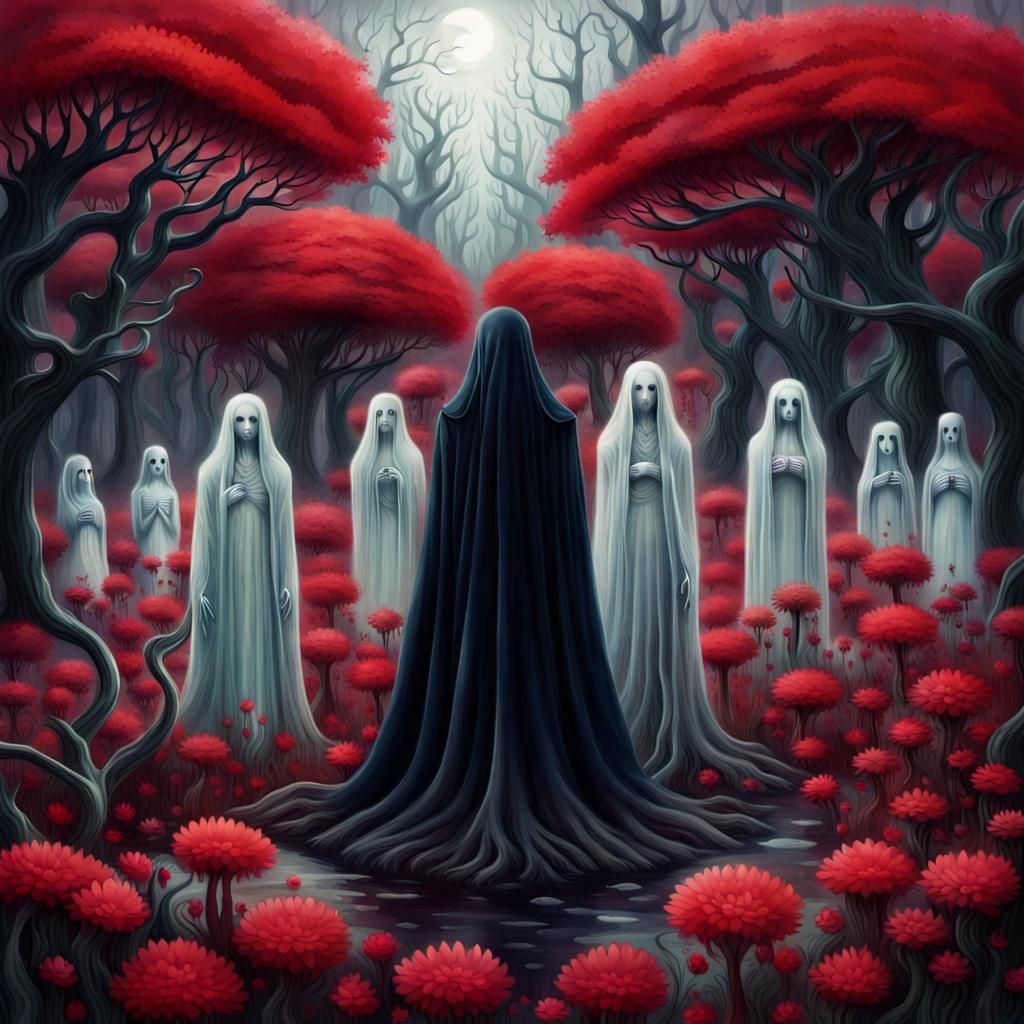 Ghostly, spectral people standing in a field of red flowers and ...
