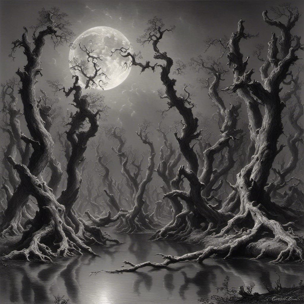 dead trees trunks in dancing, sinuous shapes in a moonlit woodland by a ...