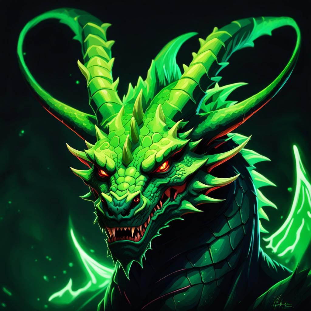 dragon with horns and horns on head in a dark room, neon and dark ...