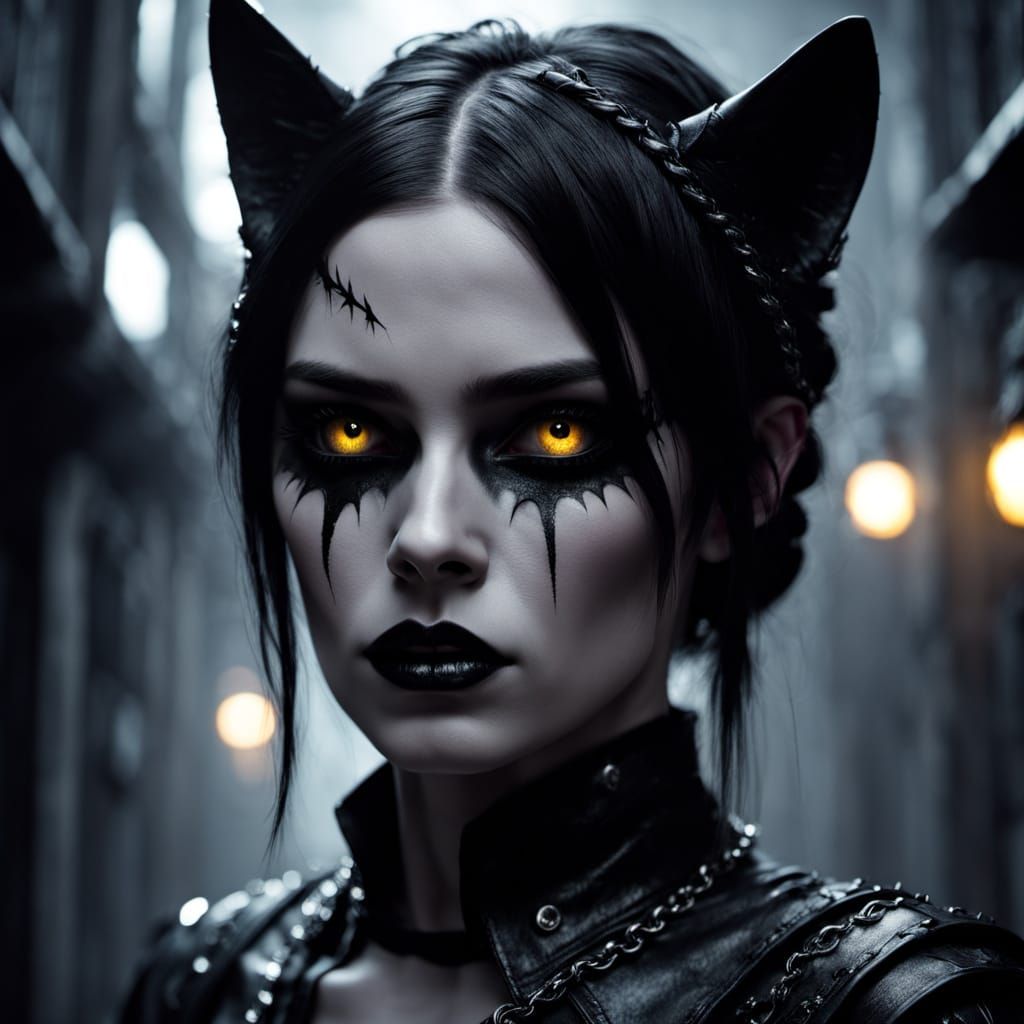 Unhinged, psychotic-looking goth Cat woman