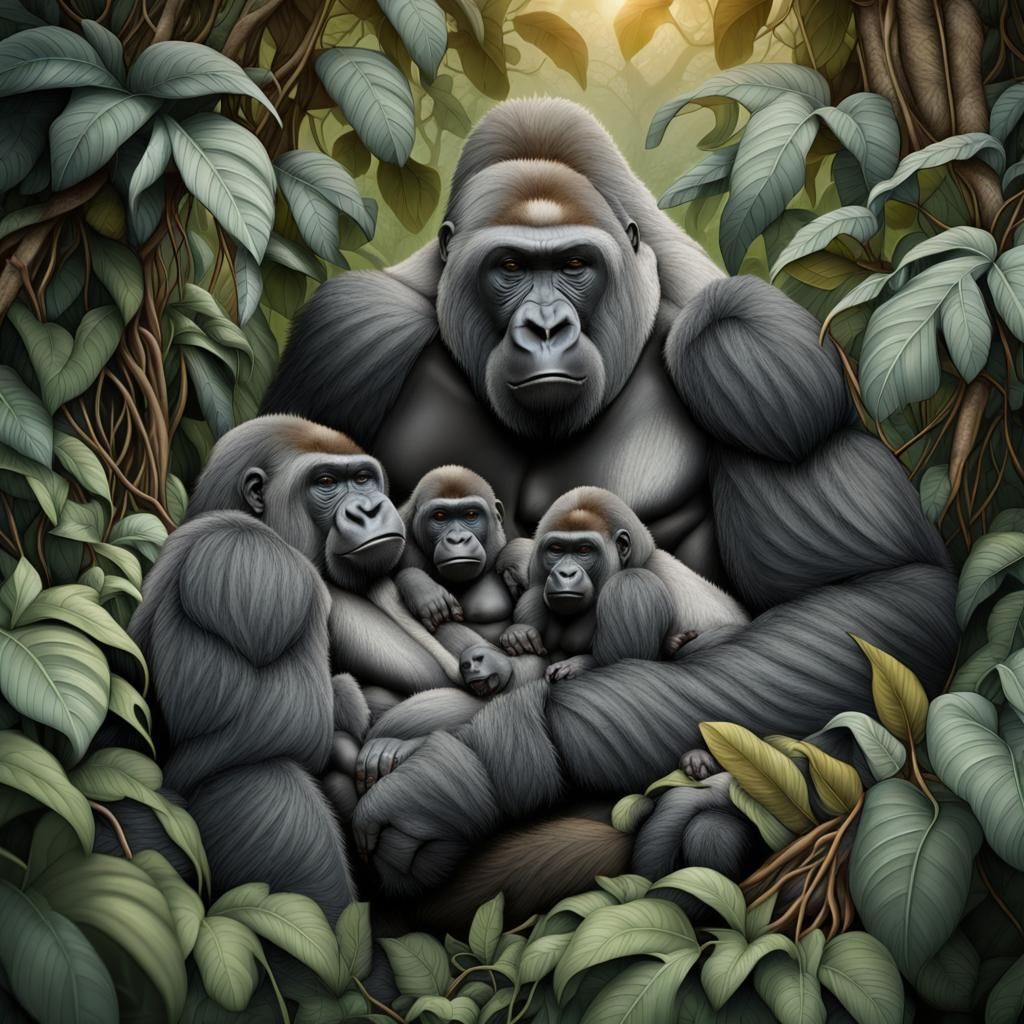 Silverback gorilla family resting closely together on a nest of jungle ...