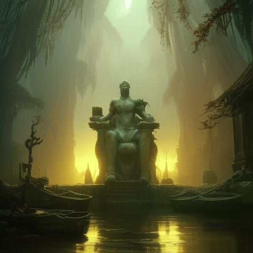 swamp village with a statue of the god of pestilence - AI Generated ...