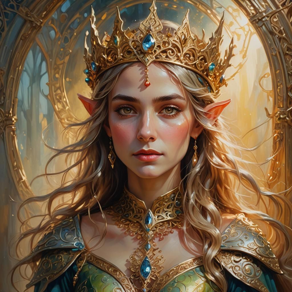 Ethereal Elf Woman in Whimsical Metal Crown Portra... - AI Art