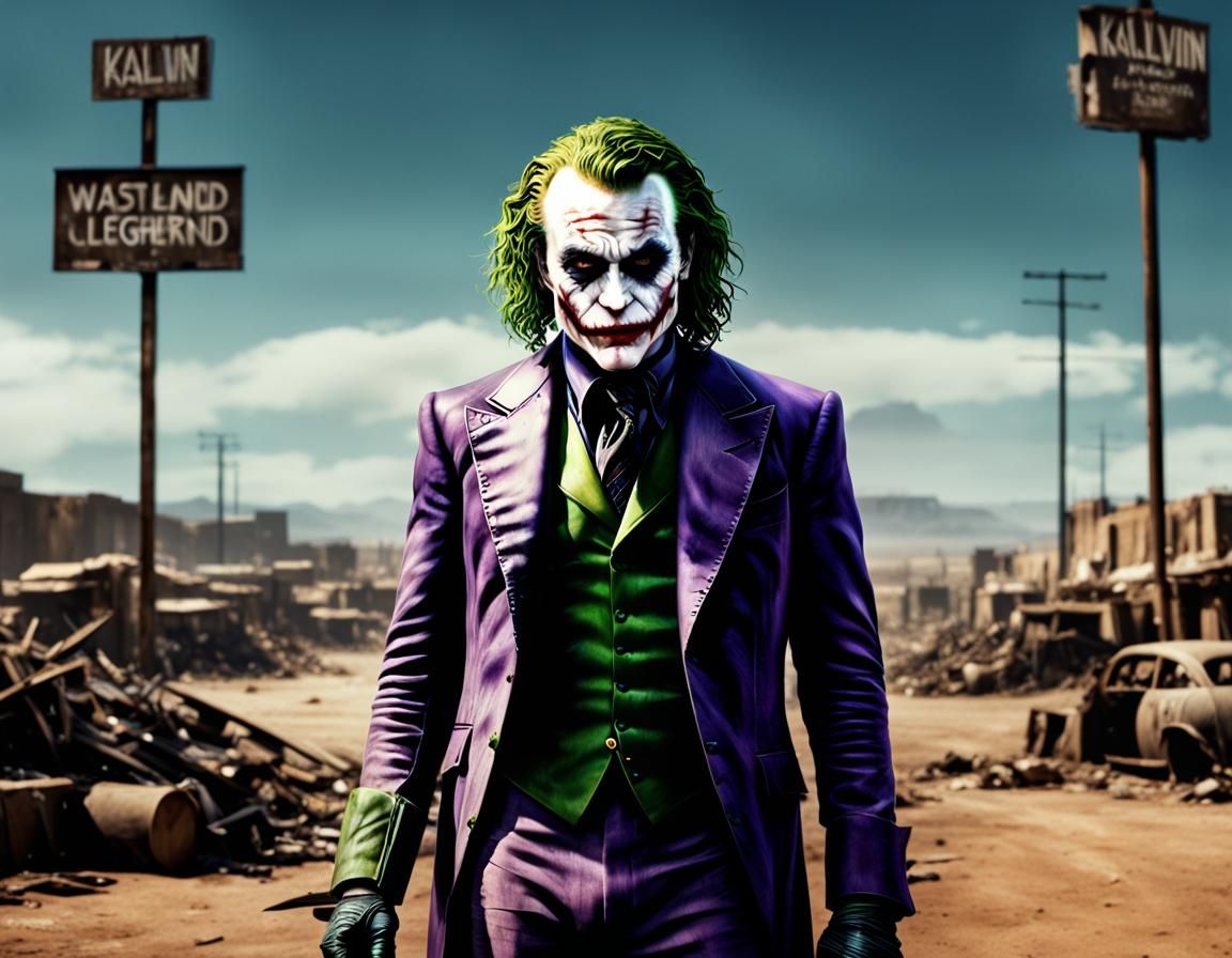 background wasteland.Heath Ledger Joker, standing holding a sign that ...