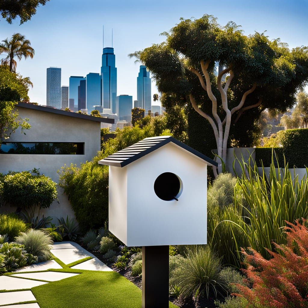 Modern Birdhouse with Los Angeles Skyline View - AI Art