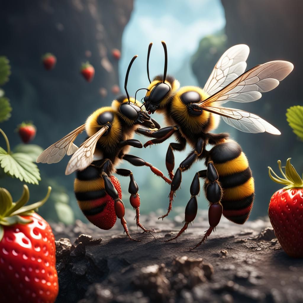 2 bees fighting over a strawberry - AI Generated Artwork - NightCafe Creator