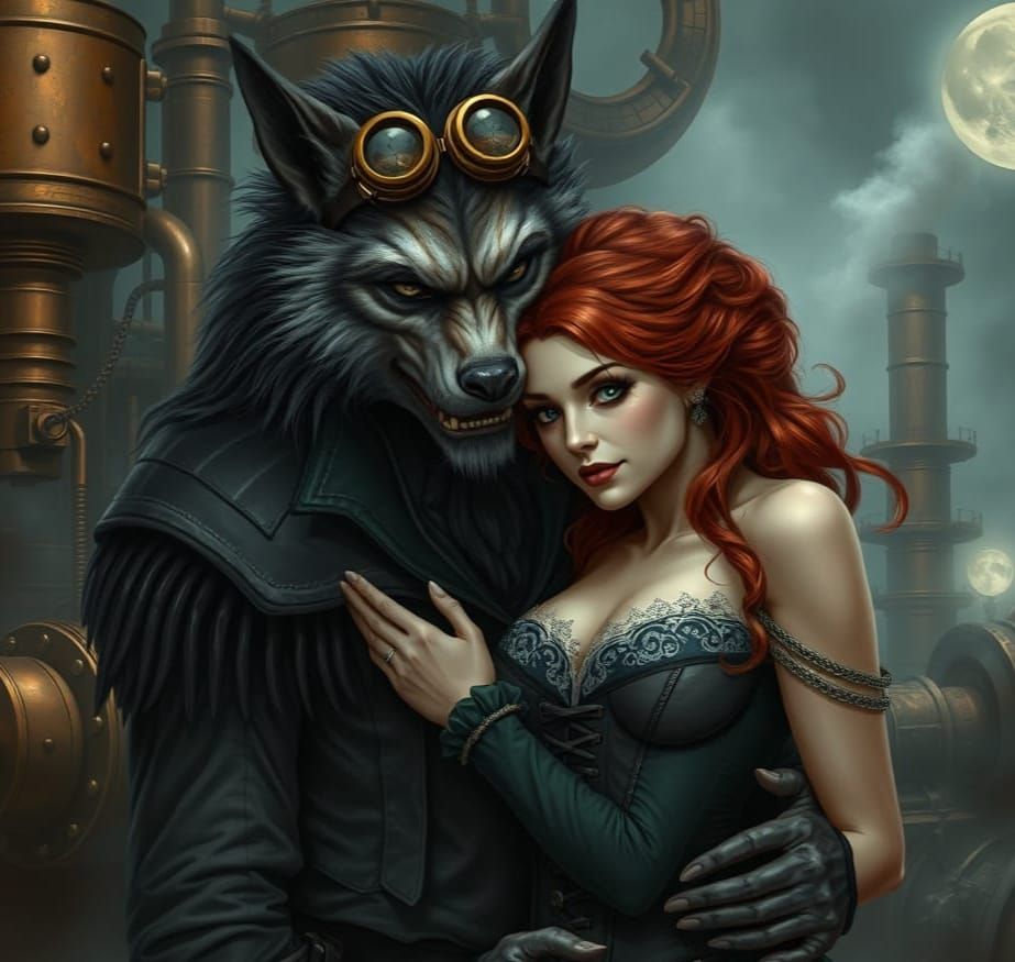 Romantic Steampunk Vampires and Werewolves - AI Art