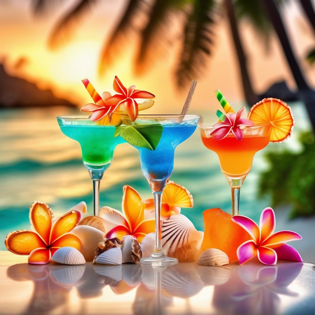 Maldivas beach, refreshing colorful tropical coctails , seashells and ...